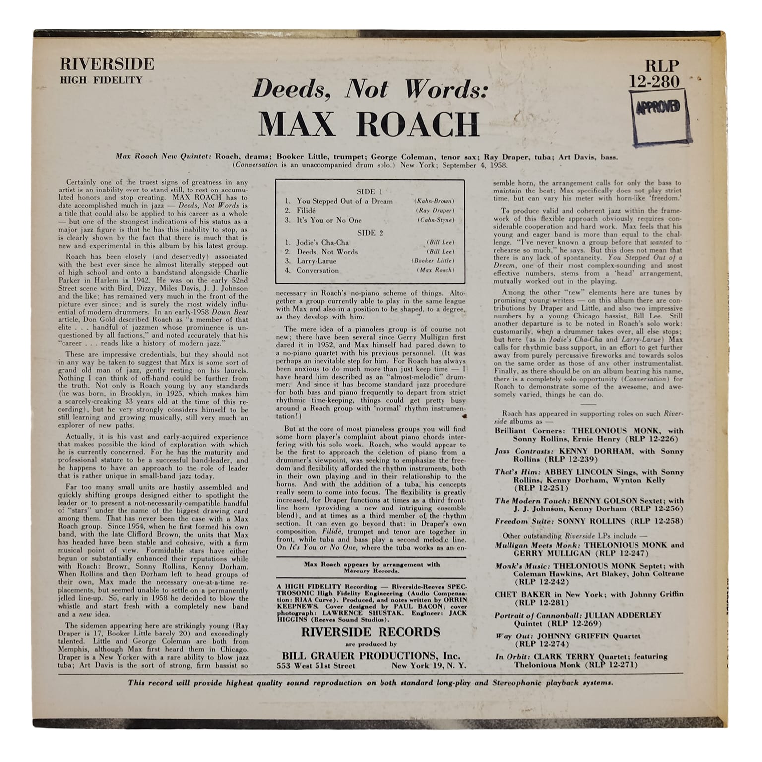 "Deeds, Not Words" by Max Roach - LP, 1958 | LELLI